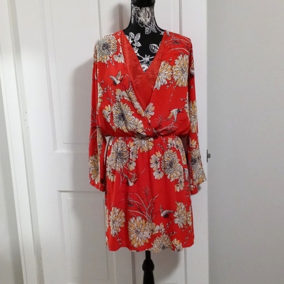 Express | Dresses | Htf Express Redorange Bird Floral Dress | Poshmark